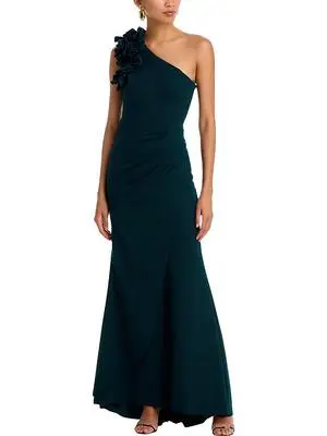 Aqua One Shoulder Ruffle Crepe Gown - Pine