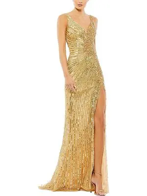 Mac Duggal Beaded Floral Gown - Gold