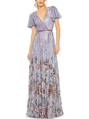 Mac Duggal Flounce Sleeve V-neck Gown - Lilac