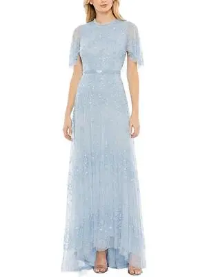 Mac Duggal Sequined High Neck Flutter Sleeve A-line Gown - Powder Blue