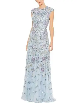 Mac Duggal Sequined High Neck A-line Gown - Ice Blue Multi