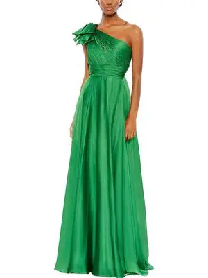 Mac Duggal Pleated One Shoulder Chiffon Gown - Emerald