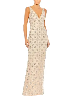 Mac Duggal Sleeveless Hand Beaded V-neck Gown - Nude Silver