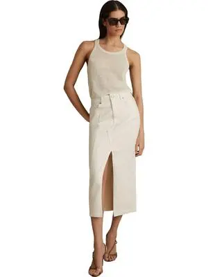 REISS Danica High Rise Denim Midi Skirt - Ivory