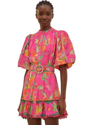 Farm Rio Printed Mini Dress With Beaded Belt - Delicate Fruit Garden Pink
