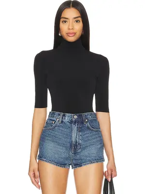 Norma Kamali Slim Fit Short Sleeve Turtleneck Top - Black