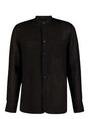 120% Lino Band-collar Linen Shirt - Black