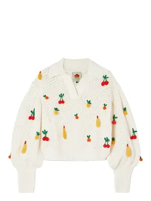 Farm Rio Appliquéd Open-knit Cotton Sweater - Off-white
