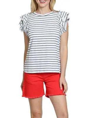APNY Ruffle Sleeve T-shirt - White/black Stripe
