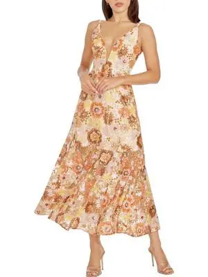 Dress The Population Sierra Floral Sequin Midi Cocktail Dress - Amber Multi
