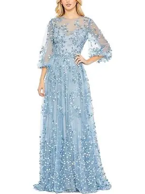 Mac Duggal Embroidered Puff Sleeve A-line Gown - Blue