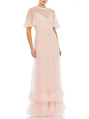 Mac Duggal Floral Embellished Flutter Sleeve A-line Gown - Peach