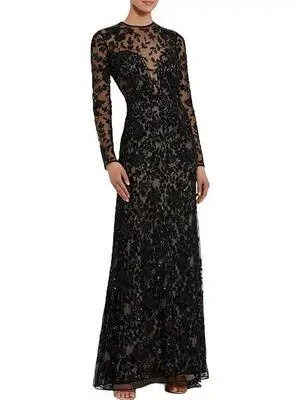 Mac Duggal Long Sleeve Embellished Gown - Black Nude