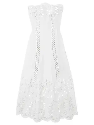 OSCAR DE LA RENTA Strapless Broderie Anglaise Midi Dress