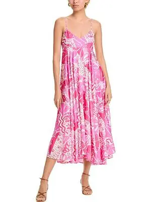 Aqua V-neck Printed Midi Dress - Pink