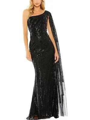 Mac Duggal One-shoulder Embellished Gown With Cape Sleeve - Black