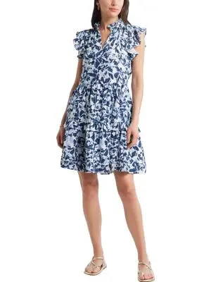 Caslon Ruffle Duo Cotton Gauze Dress - Navy S- White Brushed Blooms