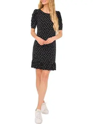 CECE DUPRAZ Floral Dress With Ruched Sleeves - Rich Black
