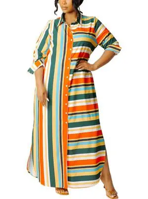 BUXOM COUTURE Long Sleeve Maxi Shirtdress - Multi Stripe