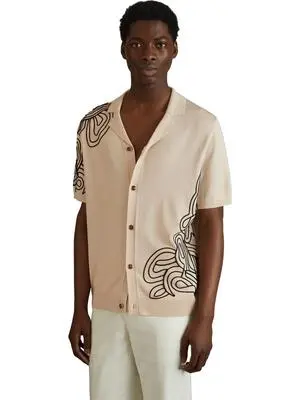 REISS Romance Jersey Embroidered Cuban Collar Shirt - Cream