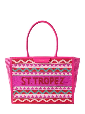AQUAZZURA St. Tropez Beaded Raffia And Leather Tote - Pink