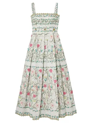 ELIE SAAB Appliquéd Embroidered Pleated Cotton-Blend Twill Midi Dress