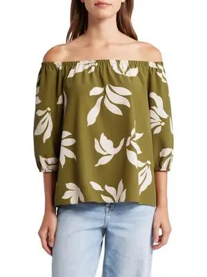 Loveappella Floral Print Off-the-shoulder Top - Olive Natural