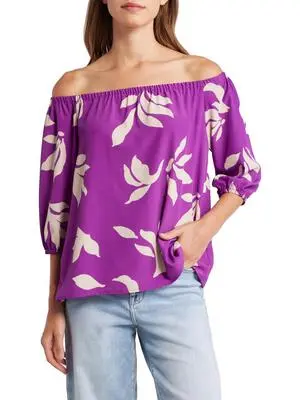 Loveappella Floral Print Off-the-shoulder Top - Violet Natural