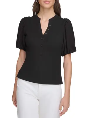 Dkny Ribbed Henley Top With Puff Sleeves Black