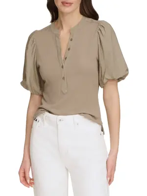 Dkny Ribbed Henley Top With Puff Sleeves Light Fatigue