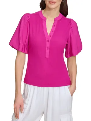 Dkny Ribbed Henley Top With Puff Sleeves Raspberry Cocktail