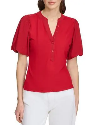 DKNY Ribbed Henley Top With Puff Sleeves