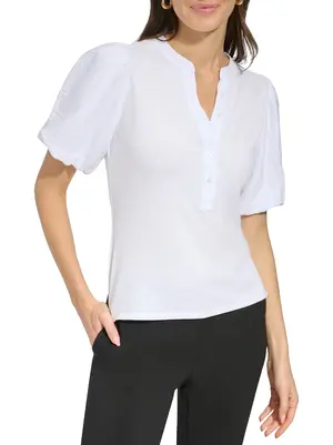 Dkny Ribbed Henley Top With Puff Sleeves White