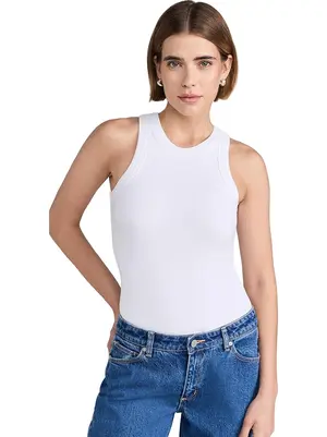 Ambitionist Ali Ribbed Racer Tank Bodysuit - White