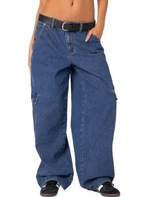 EDIKTED Low Rise Baggy Cargo Jeans With Belt - Blue-washed