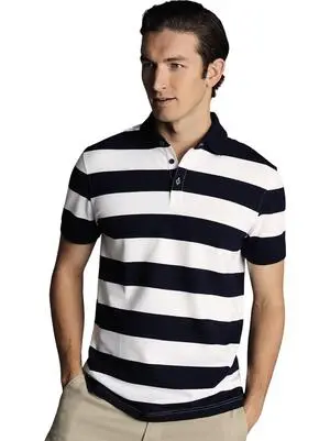 CHARLES TYRWHITT Solid Short Sleeve Cotton Tyrwhitt Pique Polo Navy & White