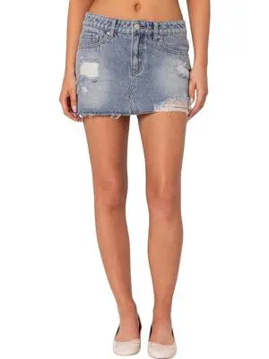 EDIKTED Ginnie Low Rise Distressed Denim Mini Skirt - Light-blue