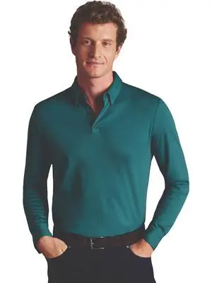 CHARLES TYRWHITT Plain Long Sleeve Jersey Polo - Teal Green