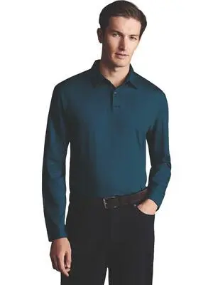 CHARLES TYRWHITT Plain Long Sleeve Jersey Polo - Turquoise Blue