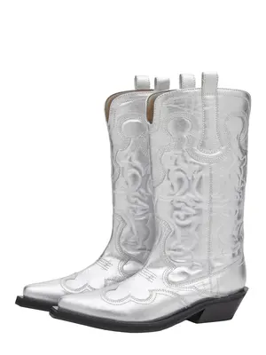GANNI Embroidered Western Boots - Silver