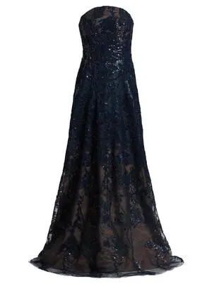 Rene Ruiz Collection Floral Beaded Strapless A-line Gown - Navy