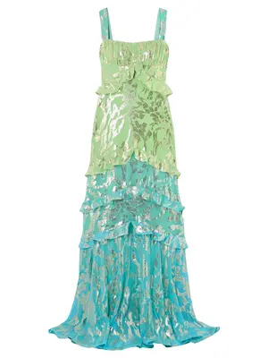 Saloni Chandra Ruffled Fil Coupé Maxi Dress - Green