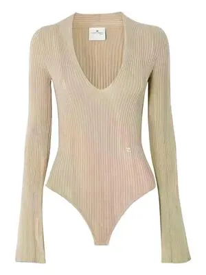 COURREGES Embroidered Ribbed-knit Bodysuit - Neutrals