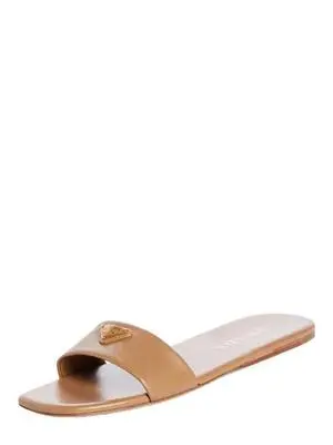 Prada Triangle Logo Leather Slide Sandals - Caramel