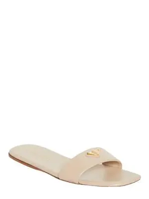Prada Triangle Logo Leather Slide Sandals - F0485 Travertino