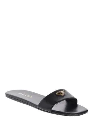 Prada Triangle Logo Leather Slide Sandals - Nero