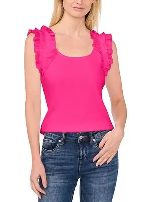 CECE DUPRAZ Ruffle Sleeve Ribbed Top - Bright Rose