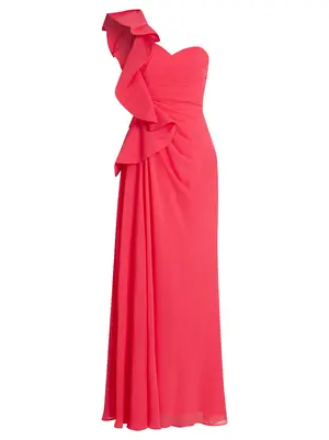 Badgley Mischka One-shoulder Ruffled Chiffon Gown - Papaya