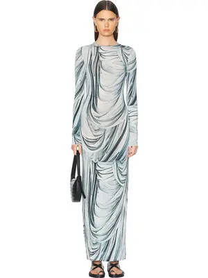 Rabanne Drape Printed Long Sleeve Dress - Drappe Bleu