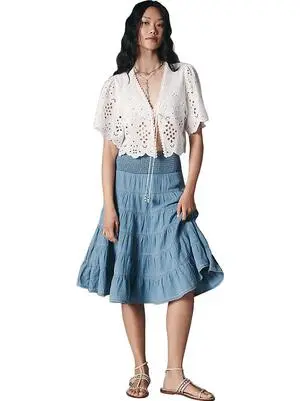PILCRO Pilcro The Reese Smocked Denim Midi Skirt Denim Light